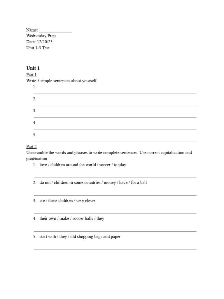 Wednesday Prep: Unit 1-3 Test Guide | PDF