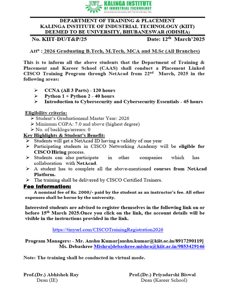 Registration Notice For CISCO Training For 2026-Batch | PDF