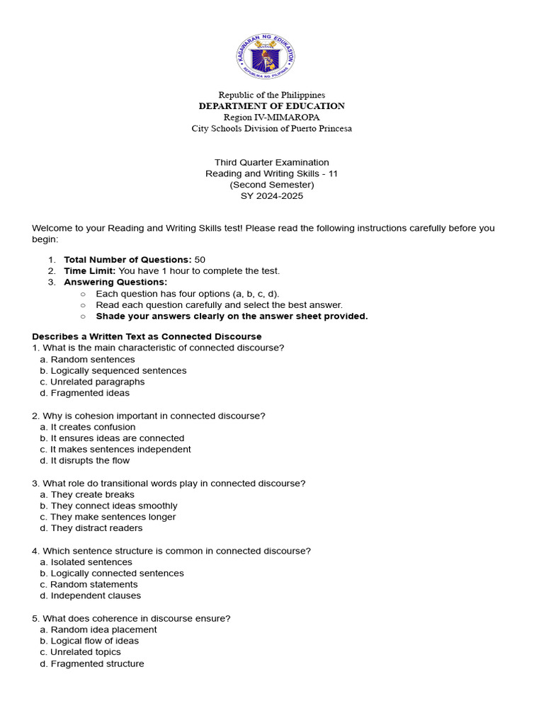 Reading and Writing Skills Test Questions | PDF | Brainstorming | Essays