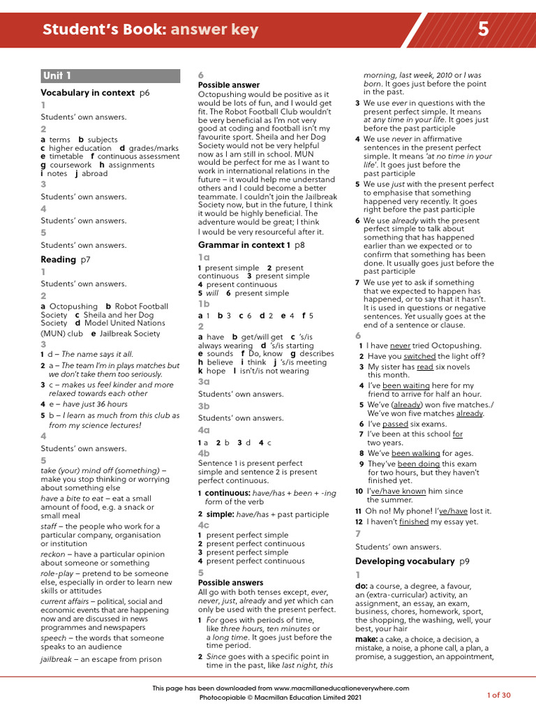 Level5_Student's_Book_answer_key | PDF | Verb | Language Mechanics