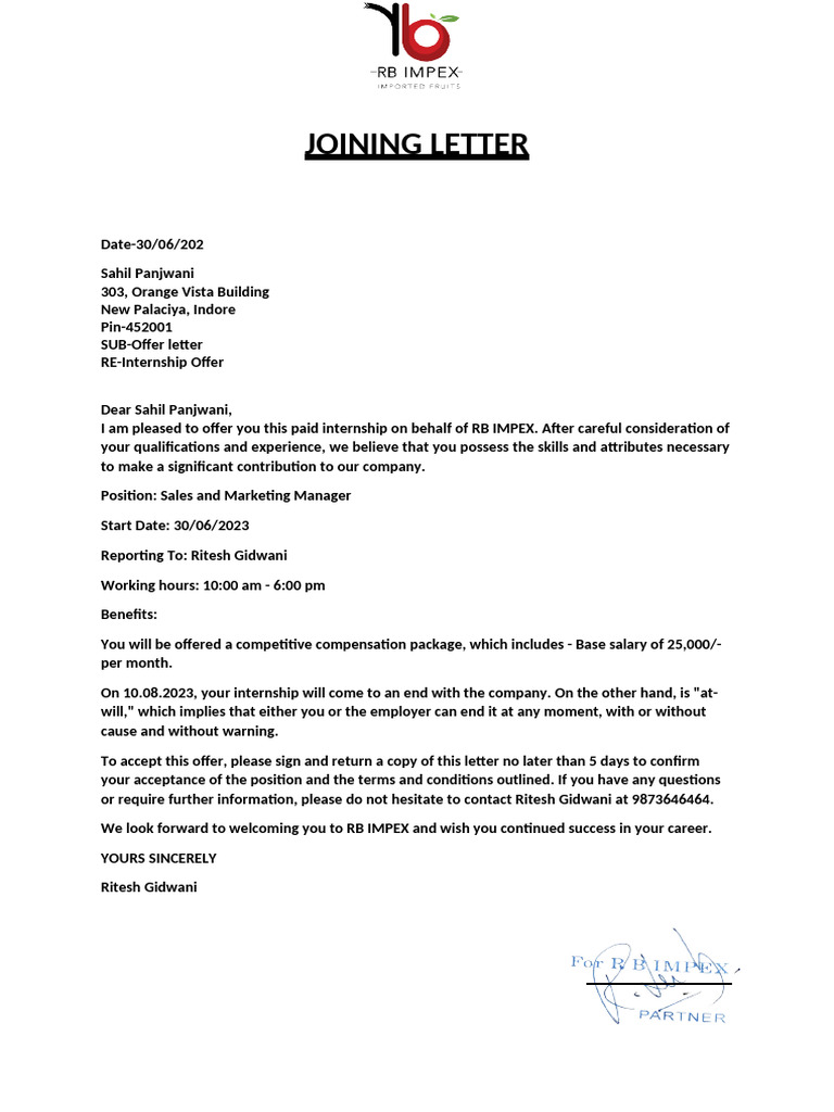 Joining Letter | PDF