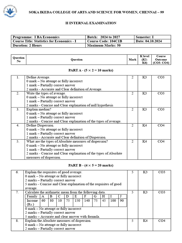 Ragavi Int - Ii QP Rubrics 2024 | PDF | Arithmetic Mean | Mathematics