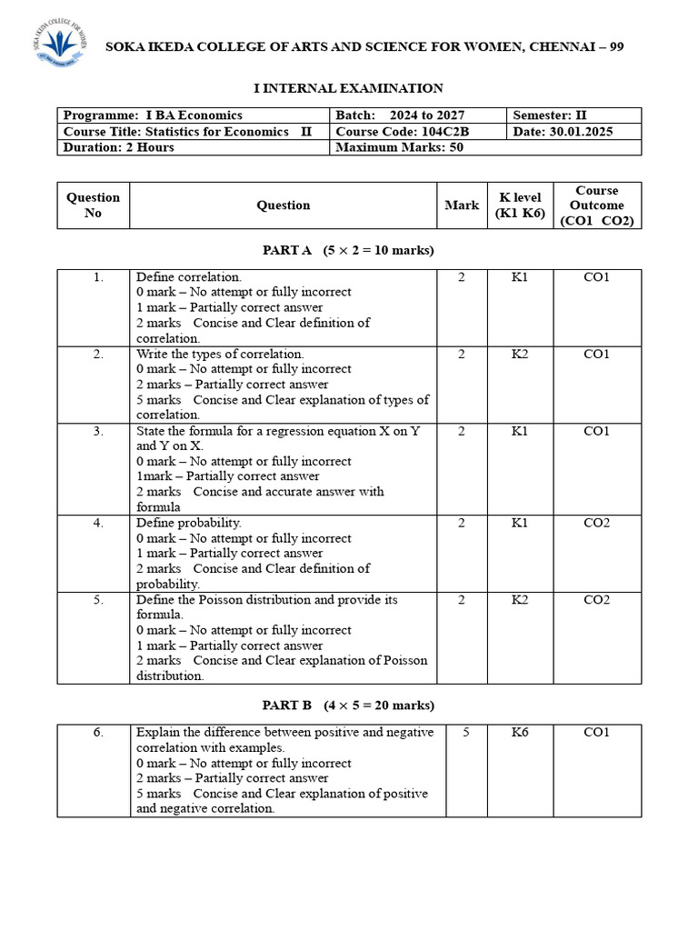Ragavi Int - I QP Rubrics 2025 | PDF | Applied Mathematics | Statistical Analysis