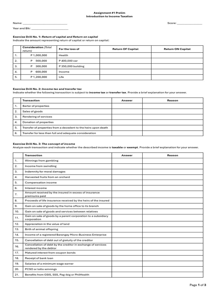 Income Taxation Assignment Exercises | PDF | Taxes | Insurance