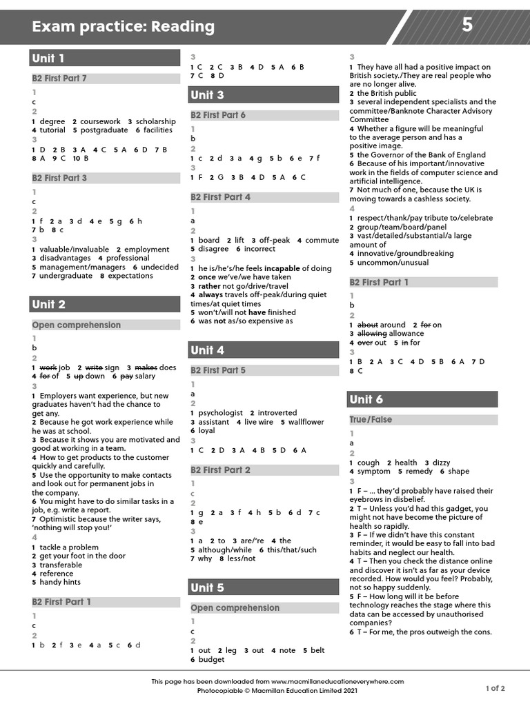 Level5 Exam Practice Reading Answer Key | PDF