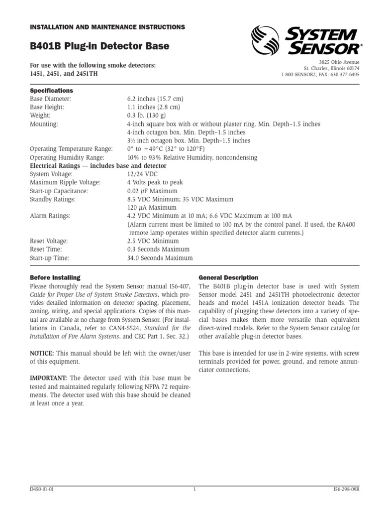 B401B Detector Base Installation Guide | PDF | Electrical Wiring | Sensor