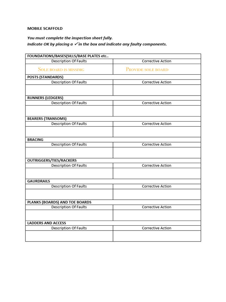 Mobile Scaffold Performance Sheet | PDF