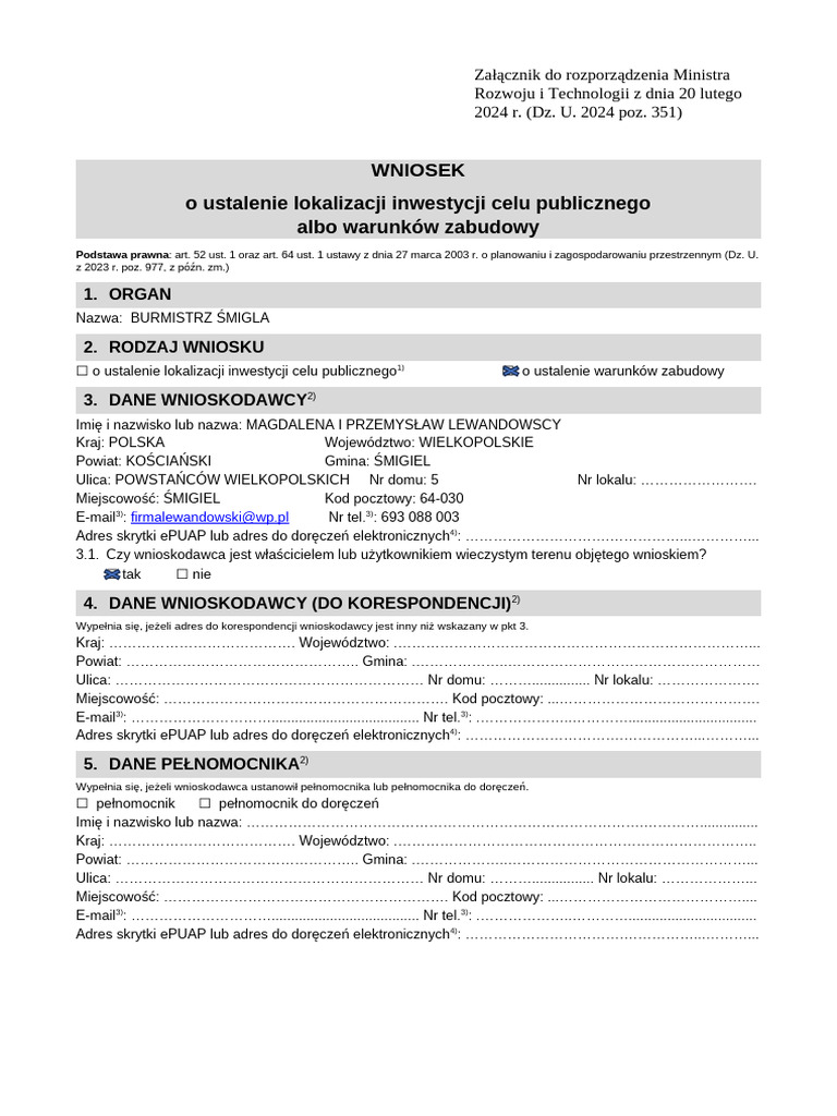 Wniosek o Ustalenie Lokalizacji Inwestycji Celu Publicznego Albo Warunkow Zabudowy | PDF