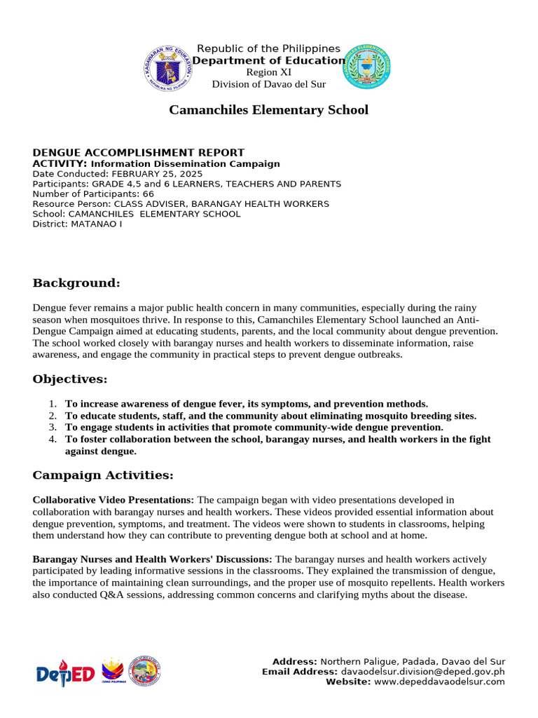 CAMANCHILES_DENGUE REPORT | PDF | Teachers | Health Professional
