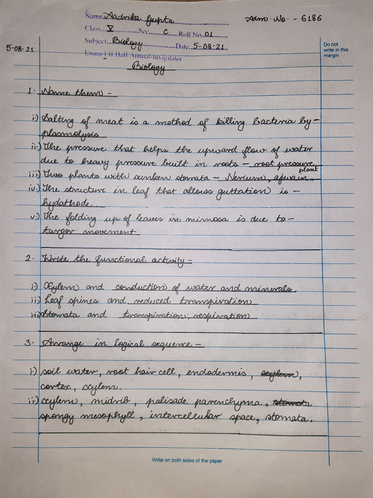 Aadrika Gupta 10C Roll No. 01 Biology Unit Test 1 | PDF