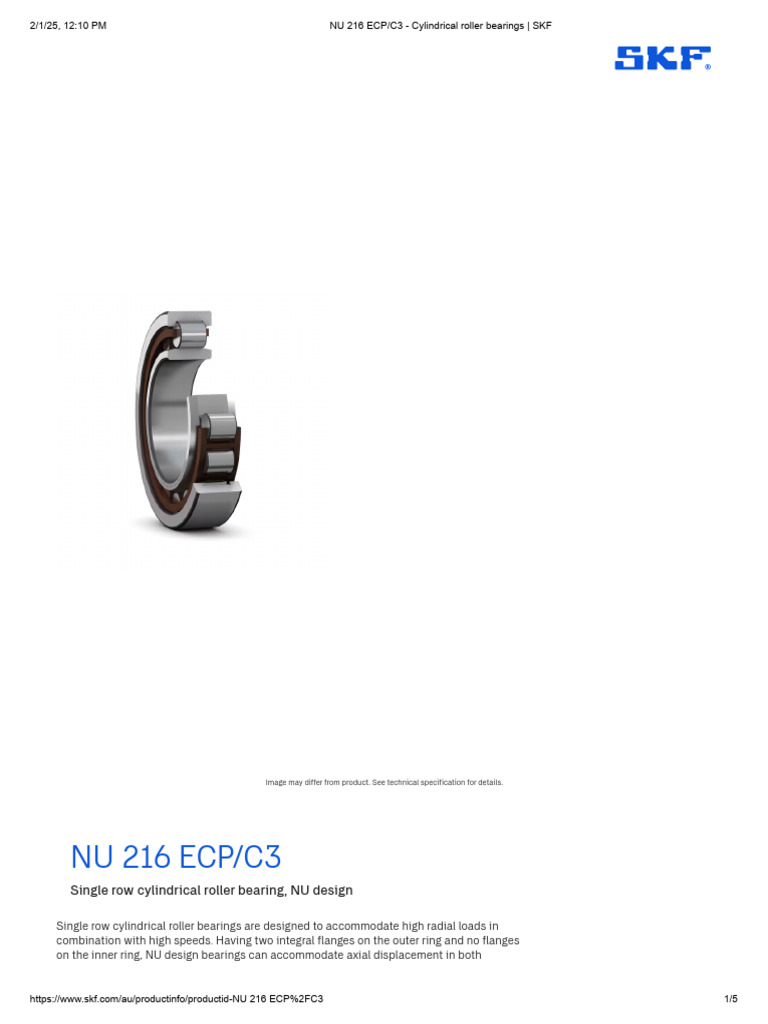 NU 216 ECP - C3 - Cylindrical Roller Bearings - SKF | PDF | Bearing ...