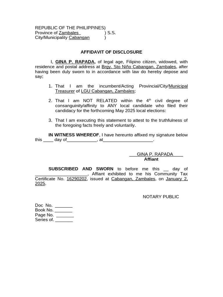 Affidavit of Disclosure for Elections | PDF | Affidavit | Evidence