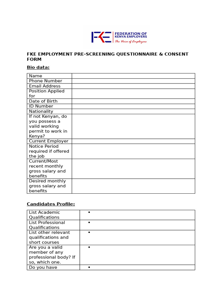 Fke Pre-Employment Screening and Consent Form - Clerks of Work | PDF ...