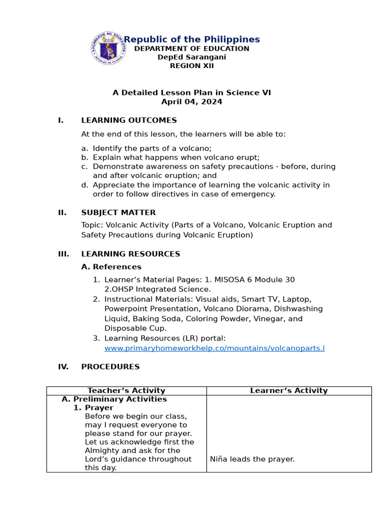 Lesson Plan: Volcanoes and Safety | PDF | Volcano | Types Of Volcanic ...