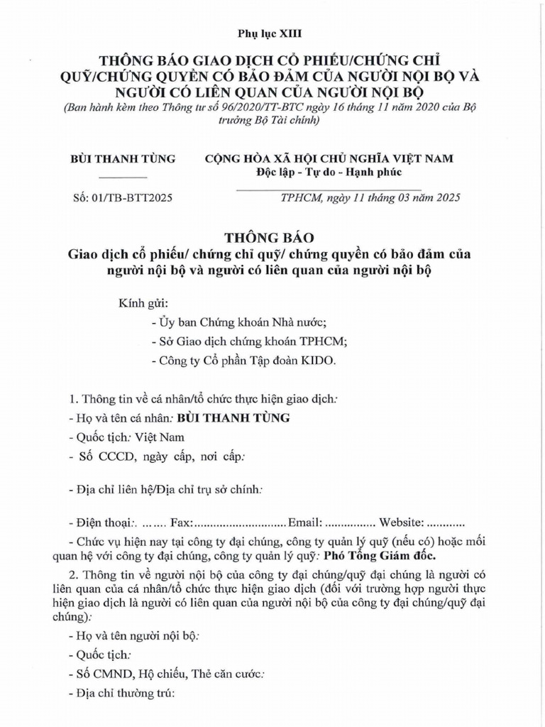 KDC - Thong Bao Giao Dich CP Cua Nguoi Noi Bo - Bui Thanh Tung | PDF