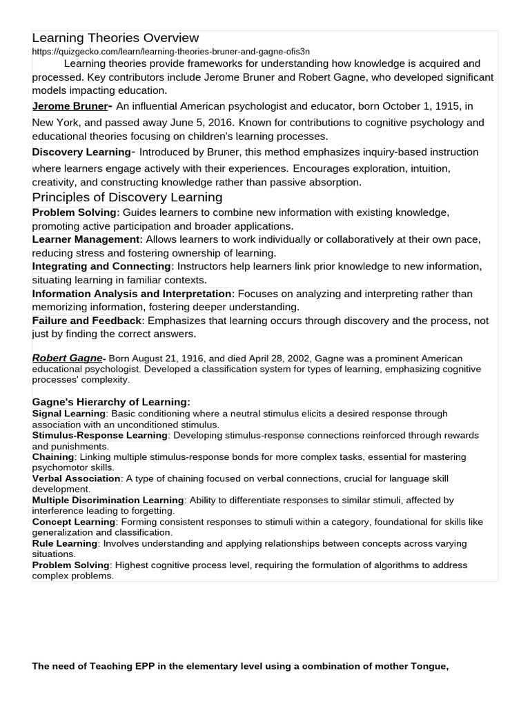 EPP2 Learning Theories Overview | PDF | Learning | Learning Theory (Education)