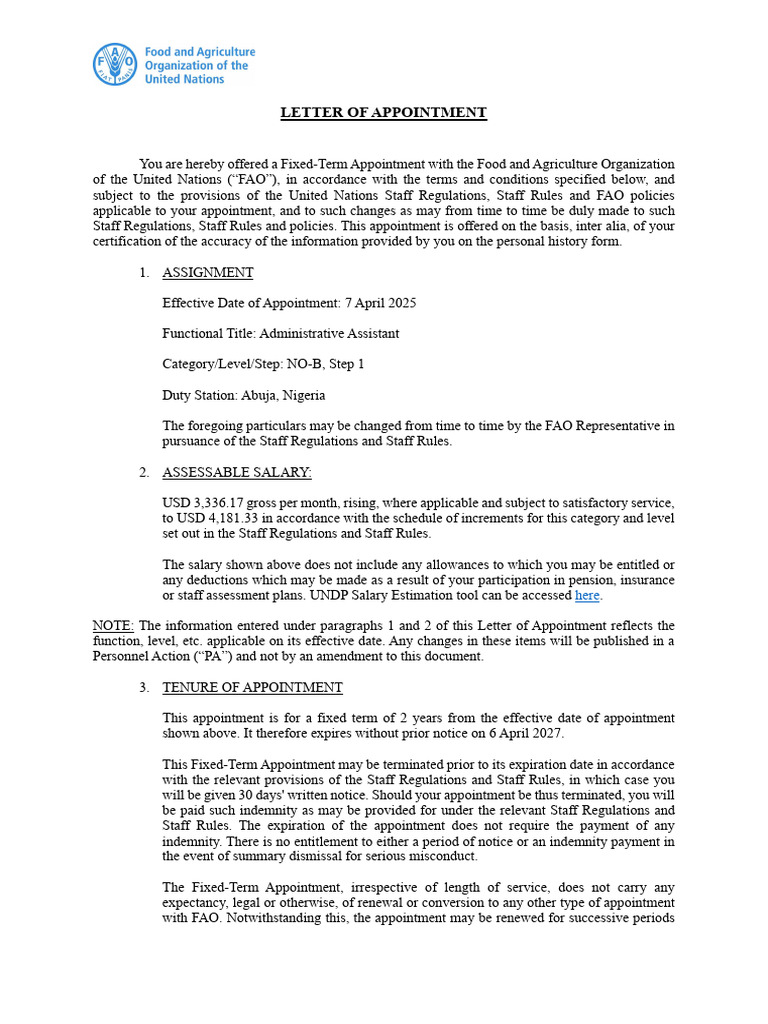FAO Appointment Letter for 2025 | PDF | United Nations | International ...