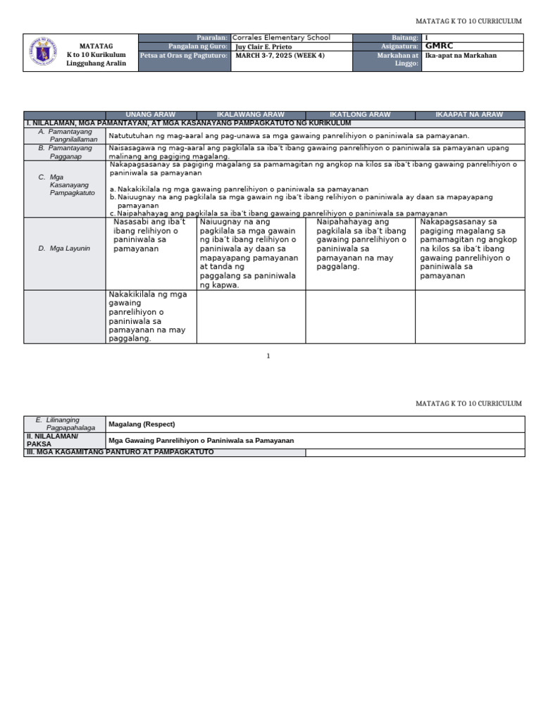 DLL Matatag - GMRC 1 - Q4 - W4 | PDF