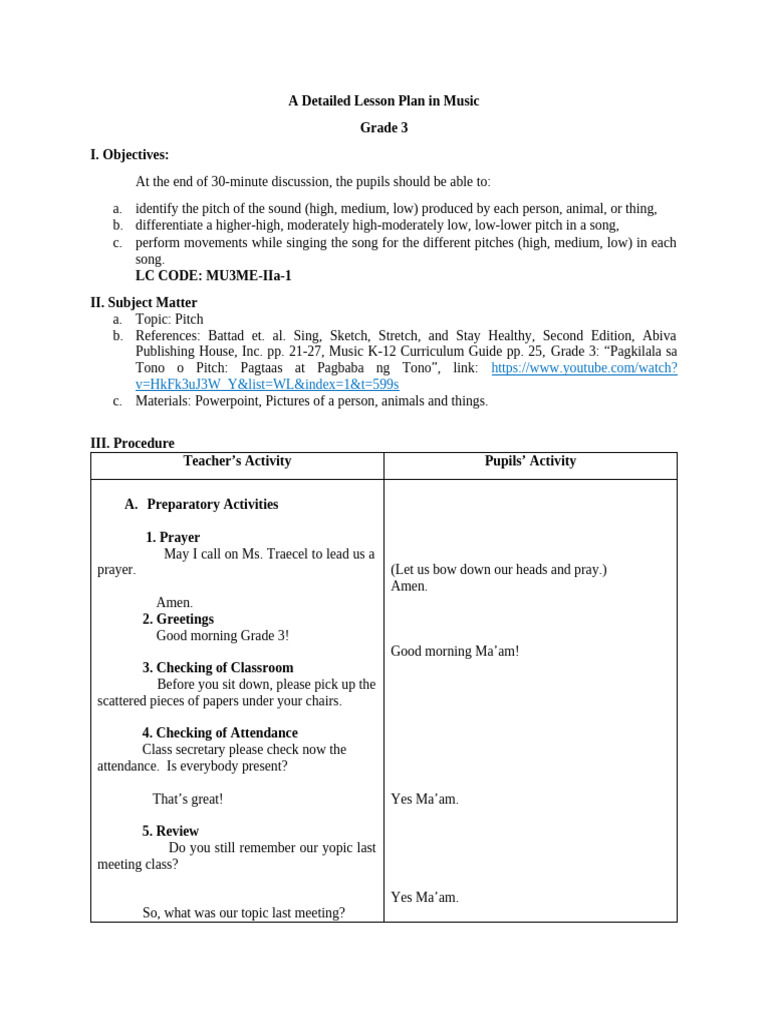 A Detailed Lesson Plan in Music | PDF | Pitch (Music) | Sound