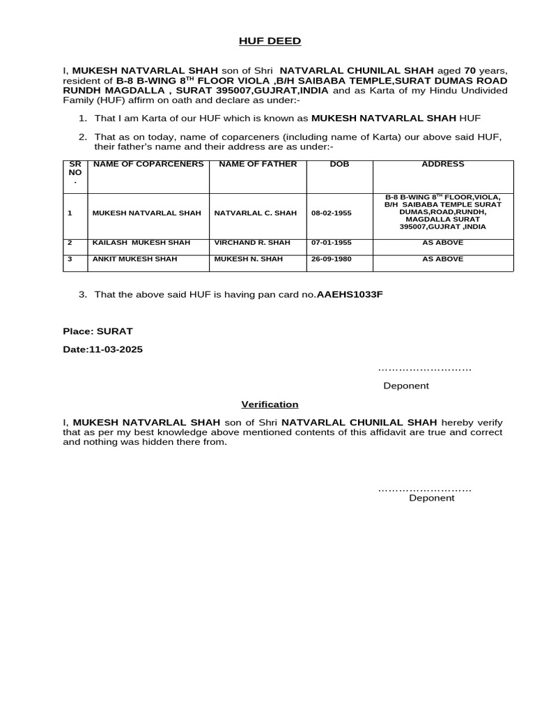 MUKESH SHAH HUF Creation Deed Declaration by Karta | PDF