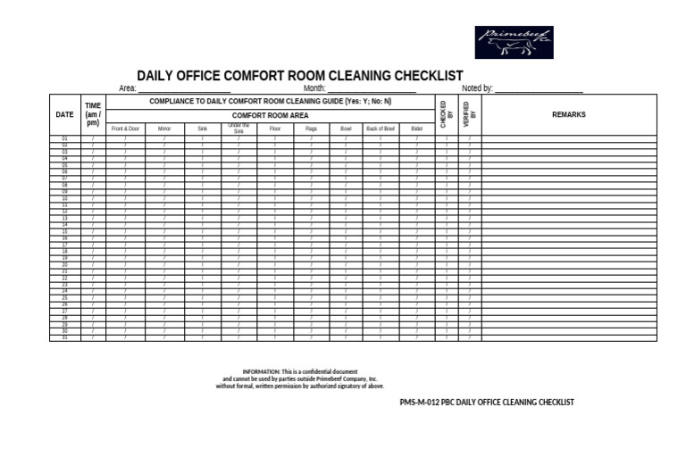 8b. Daily Office Comfort Room Cleaning Checklist (PMS-M-012) | PDF ...
