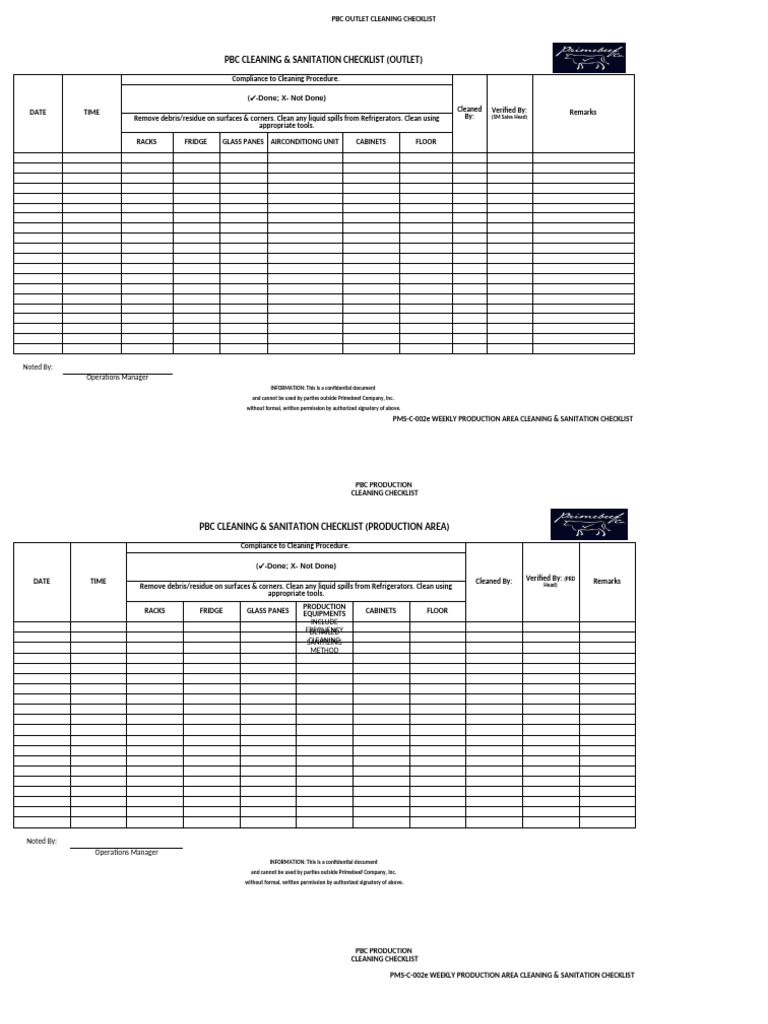 000-3f. PBC Cleaning & Sanitation Checklist (PMS-C-002f) | PDF