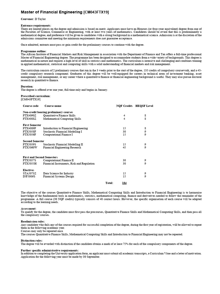 Master of Financial Engineering Overview | PDF | Academic Degree ...