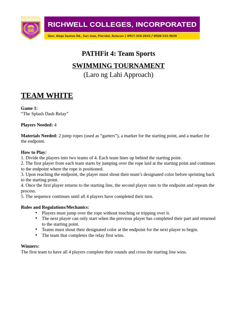 SWIMMING TOURNAMENT - Laro NG Lahi Approach - TEAM123 | PDF