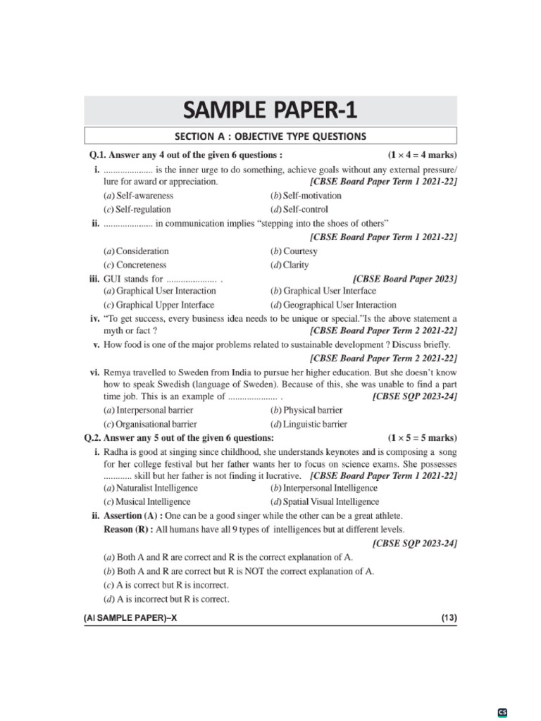 Class 10 CBSE AI Sample Papers | PDF
