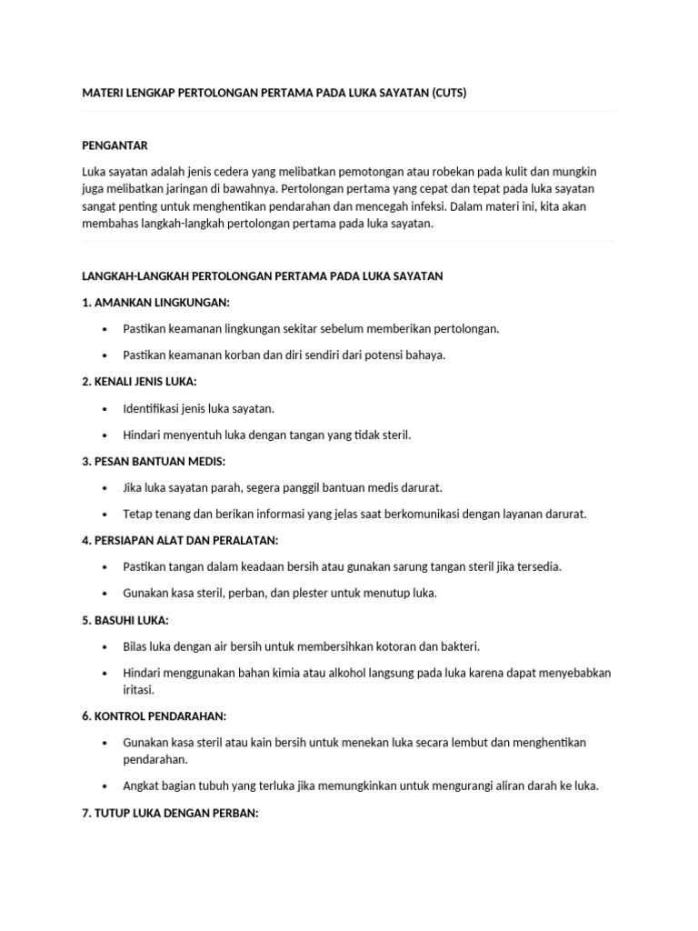 Materi Pertolongan Pertama Pada Luka Sayatan (Cuts) | PDF