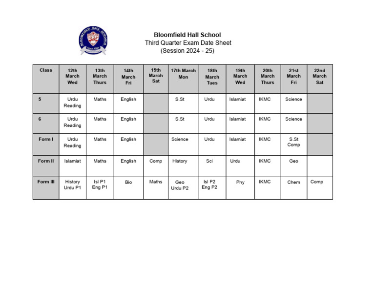 Bloomfield Hall Exam Schedule 2024-25 | PDF