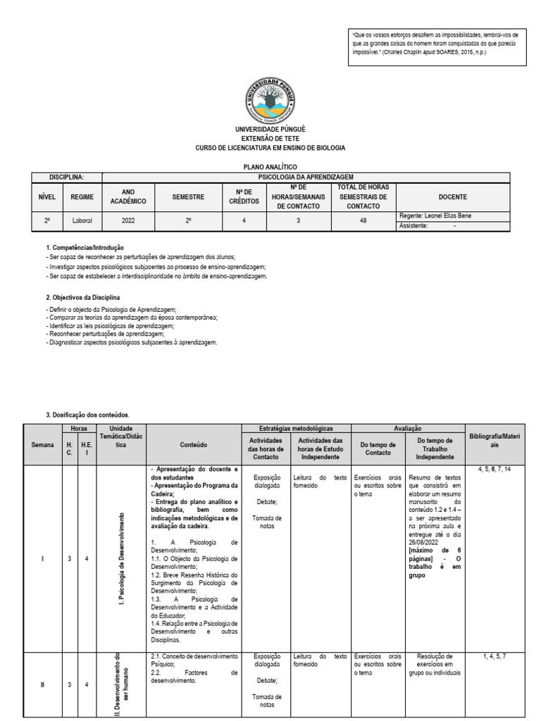 Plano Analítico de Psicologia Da Aprendizagem - Ensino de Biologia (2022.2) 2º Ano | PDF ...