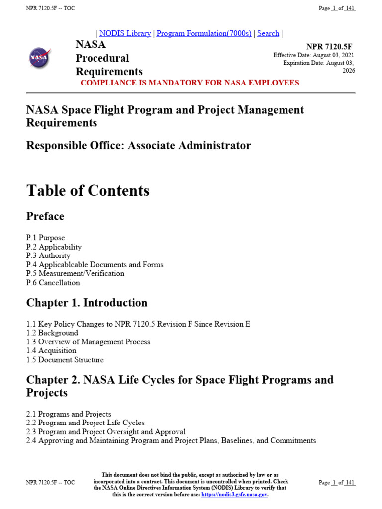 NASA01. NPR 7120.5F NASA Space Flight Program and Project Management Requirements | PDF | Nasa ...
