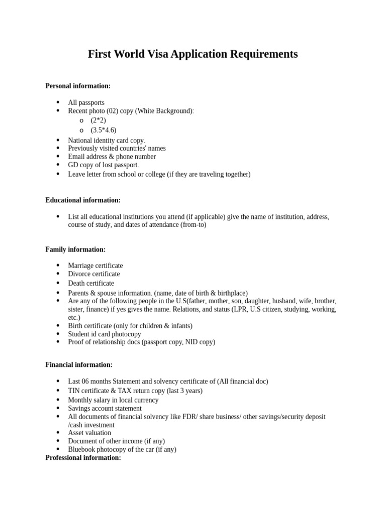 First World Visa Application Checklist | PDF | Identity Document | Travel Visa