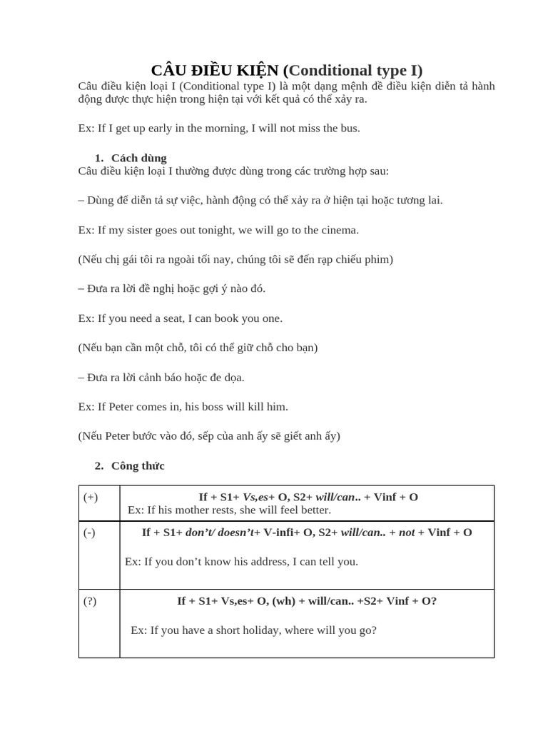 CÂU ĐIỀU KIỆN (Conditional type I) | PDF