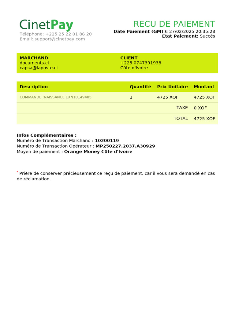Reçu de Paiement Orange Money CI | PDF