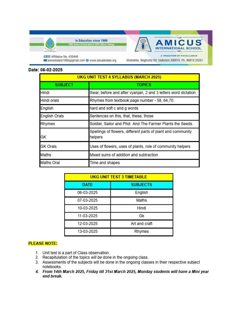 March 2025 Ukg Syllabus & Unit Test 4 Timetable | PDF