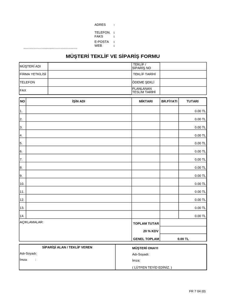 Fiyat Teklif Şablonu Boş | PDF