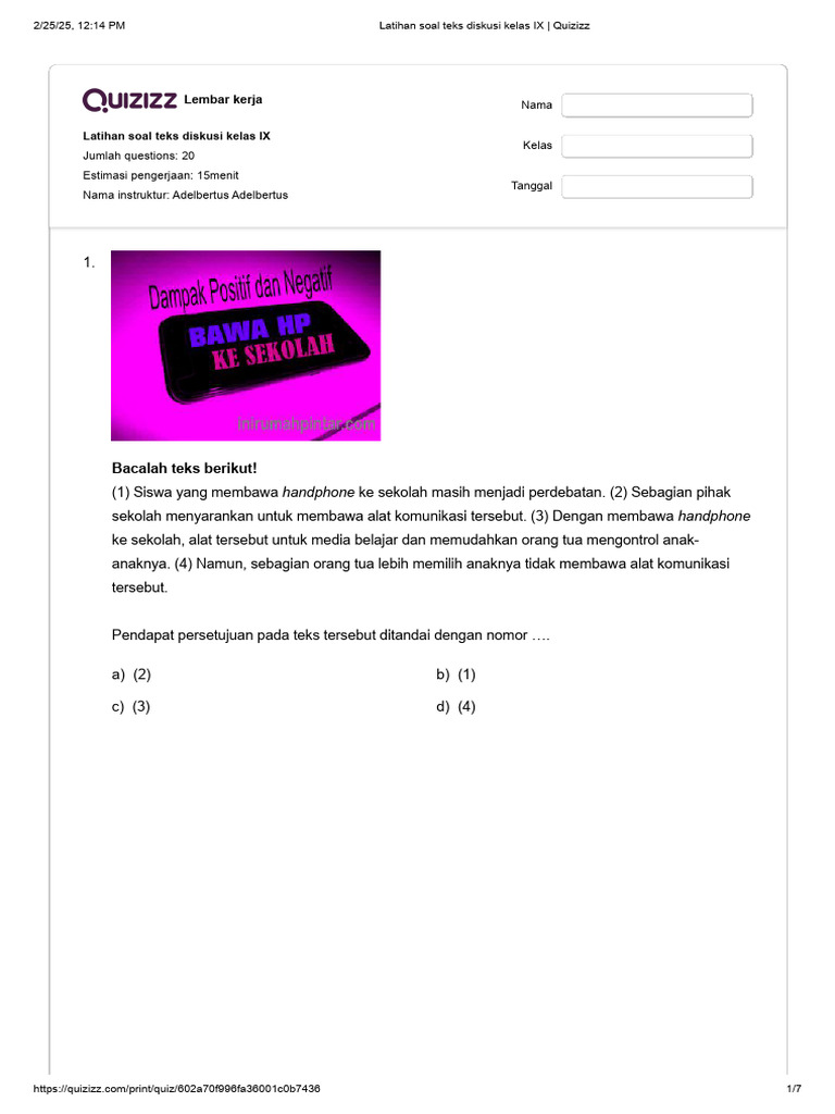 Latihan soal teks diskusi kelas IX _ Quizizz | PDF