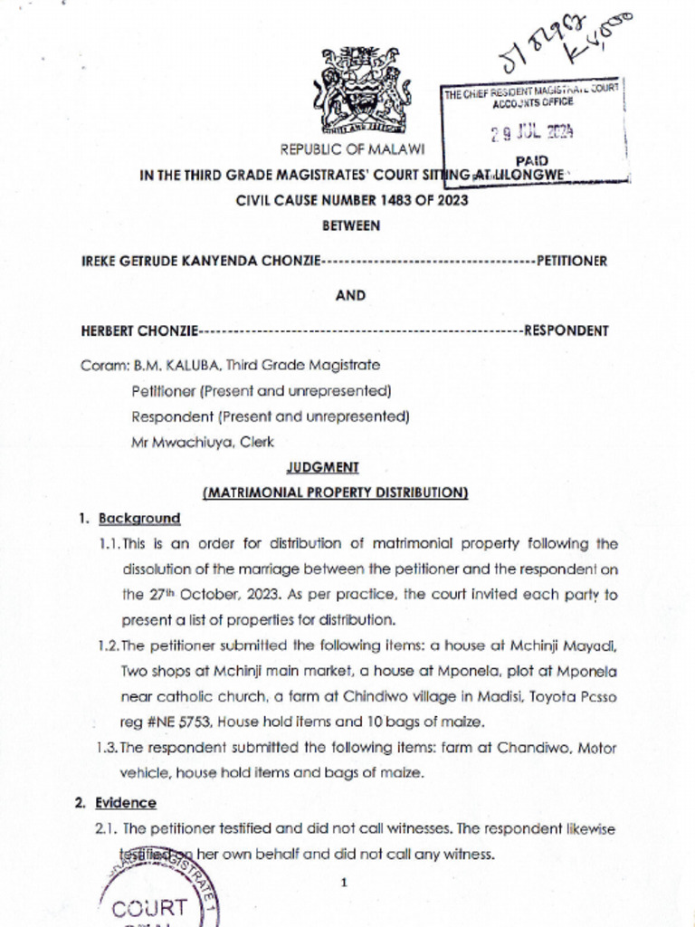 Chonzie V Chonzie - Judgment On Distribution of Matrimonial Property | PDF