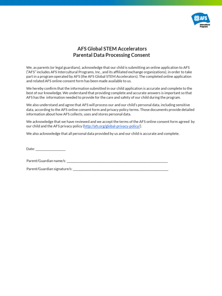 2024 Parental Consent Form - AFS Global STEM Accelerators | PDF