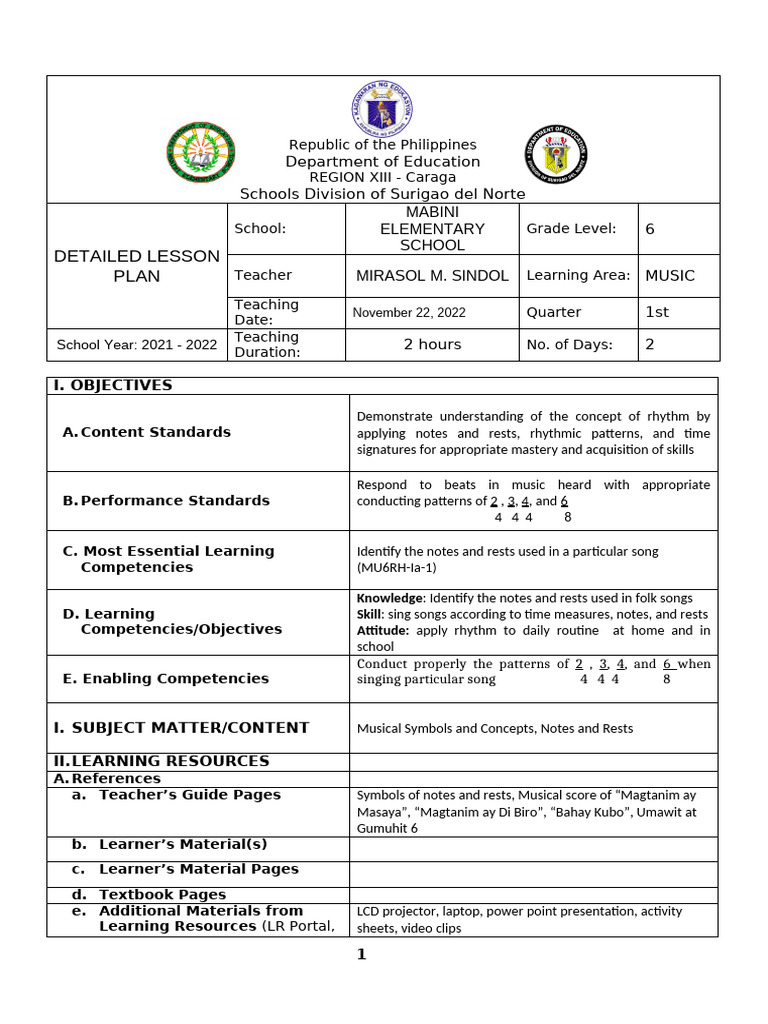 Grade 6 Music Lesson Plan: Rhythm Basics | PDF | Rhythm | Learning