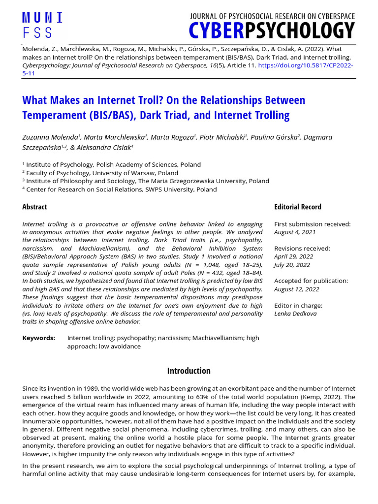 Trolling - Temperament Etc | PDF | Dark Triad | Psychopathy