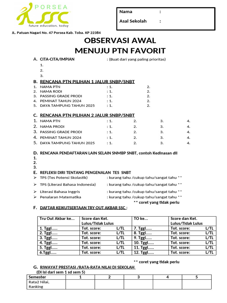 Formulir Pemilihan Jurusan PTN | PDF