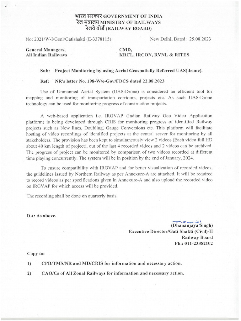 Rly Letter - Project Monitoring by Using AG Referred UAS (Drone) Letter ...