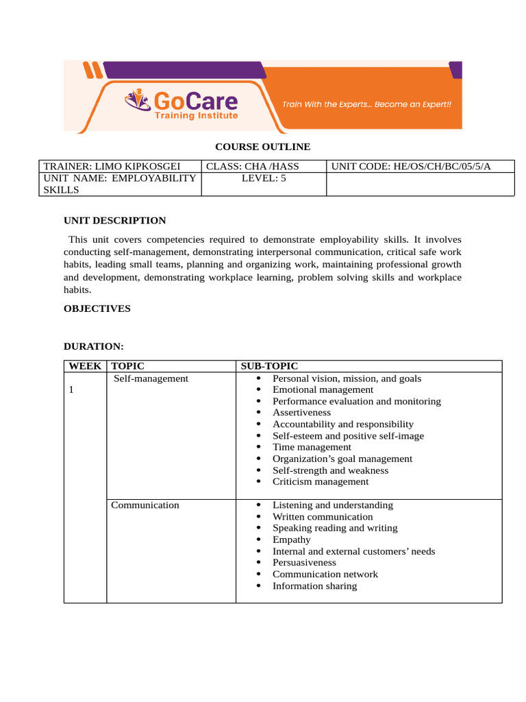 Employability Skills Course Outline | PDF | Communication | Learning