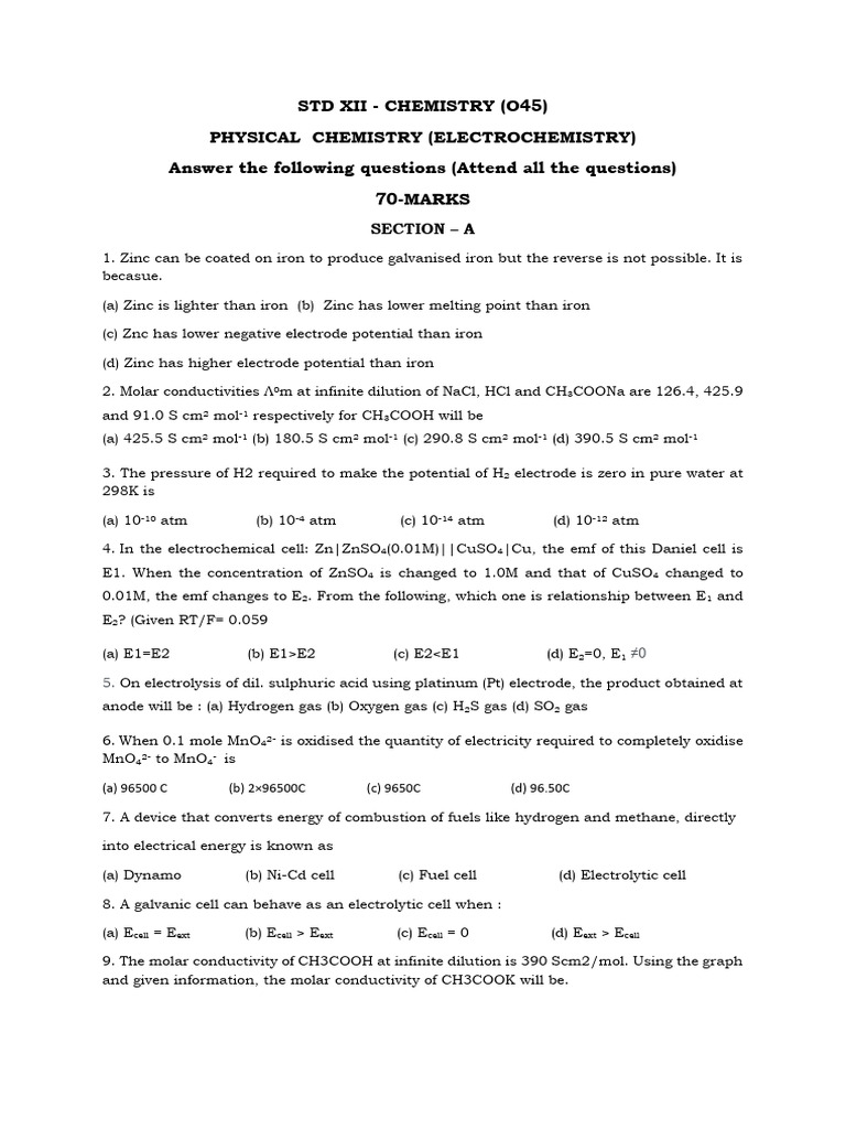 STD 12 Electrochemistry QP 2024 | PDF | Electrochemistry | Physical Sciences