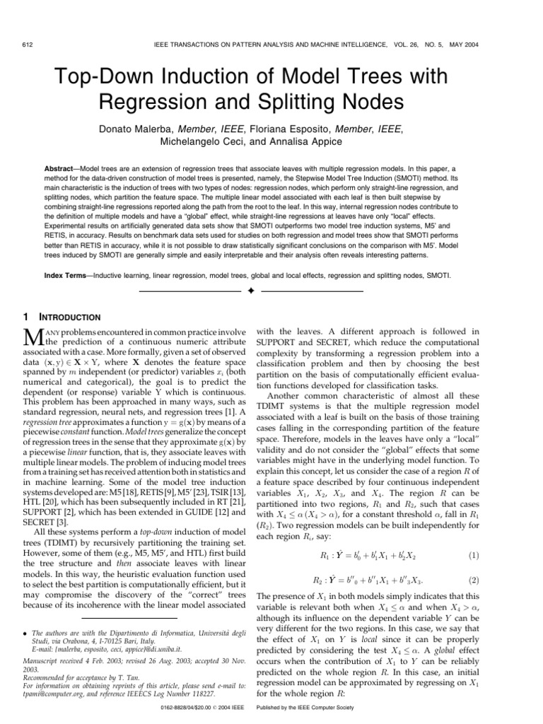 Top-down Induction of Model Trees With Regression and Splitting Nodes | PDF | Regression ...
