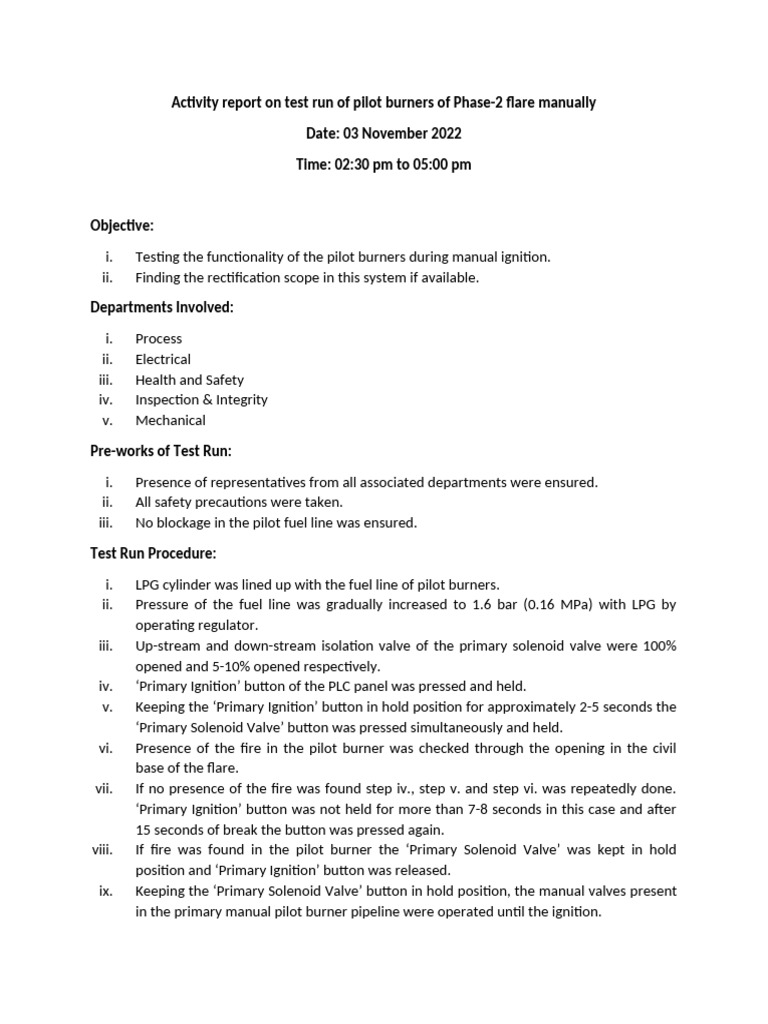 Phase 2 Flare Pilot Manual Ignition Report 221106 | PDF | Valve | Leak