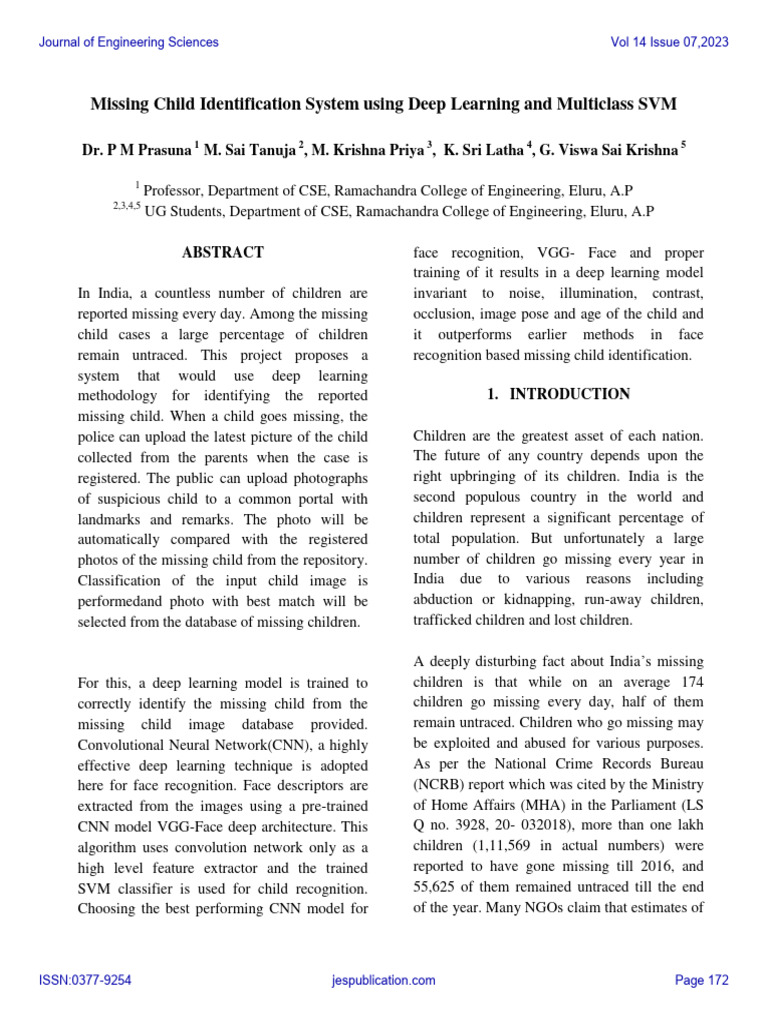 Missing Child Identification System Using Deep Learning and Multiclass SVM | PDF | Artificial ...